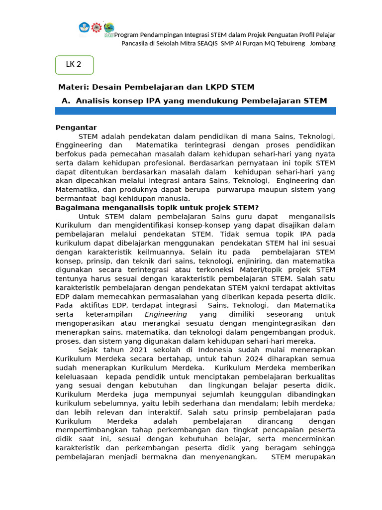 LK 2 Desain Pembelajaran dan LKPD STEM | PDF