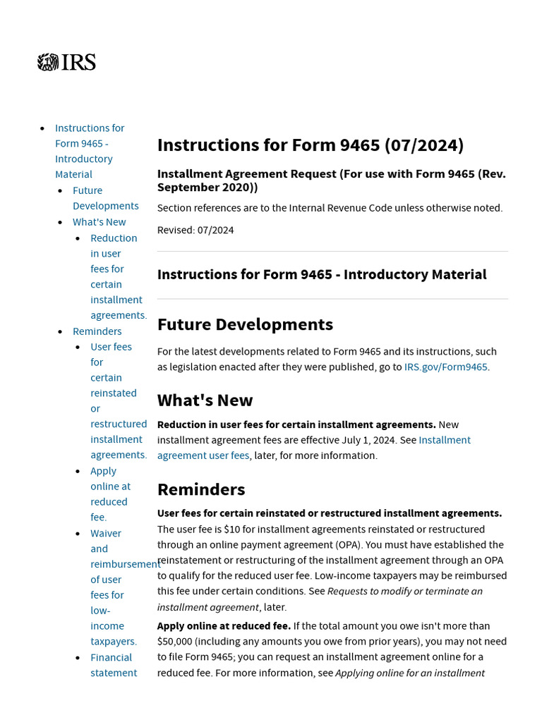 Instructions For Form 9465 (07 - 2024) - Internal Revenue Service | PDF