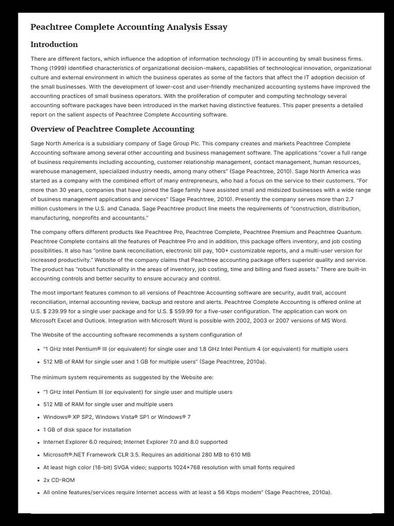 Peachtree Complete Accounting Analysis - 3616 Words - Essay Example ...