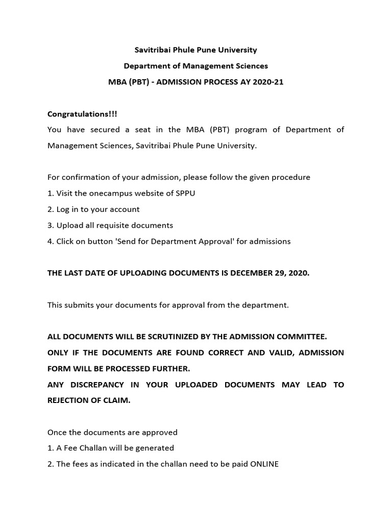 Admission Process For MBA PBT | PDF | Career & Growth