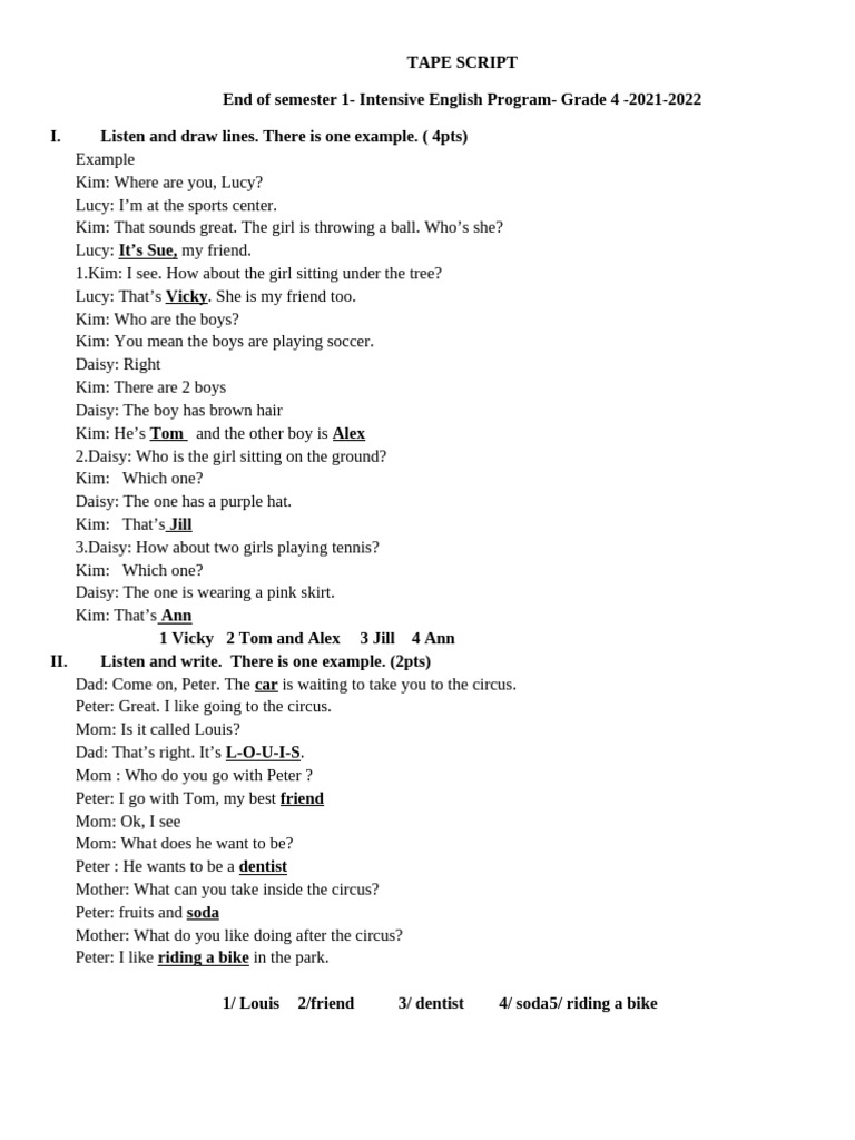TAPE SCRIPT grade 4 HKI 2021-2022 | PDF