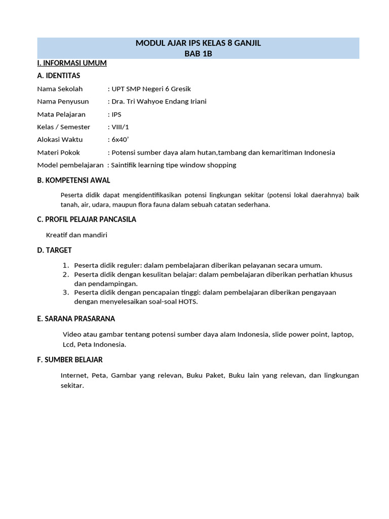 9.2 Modul Ajar IPS VIII Ganjil Bab. 1B | PDF