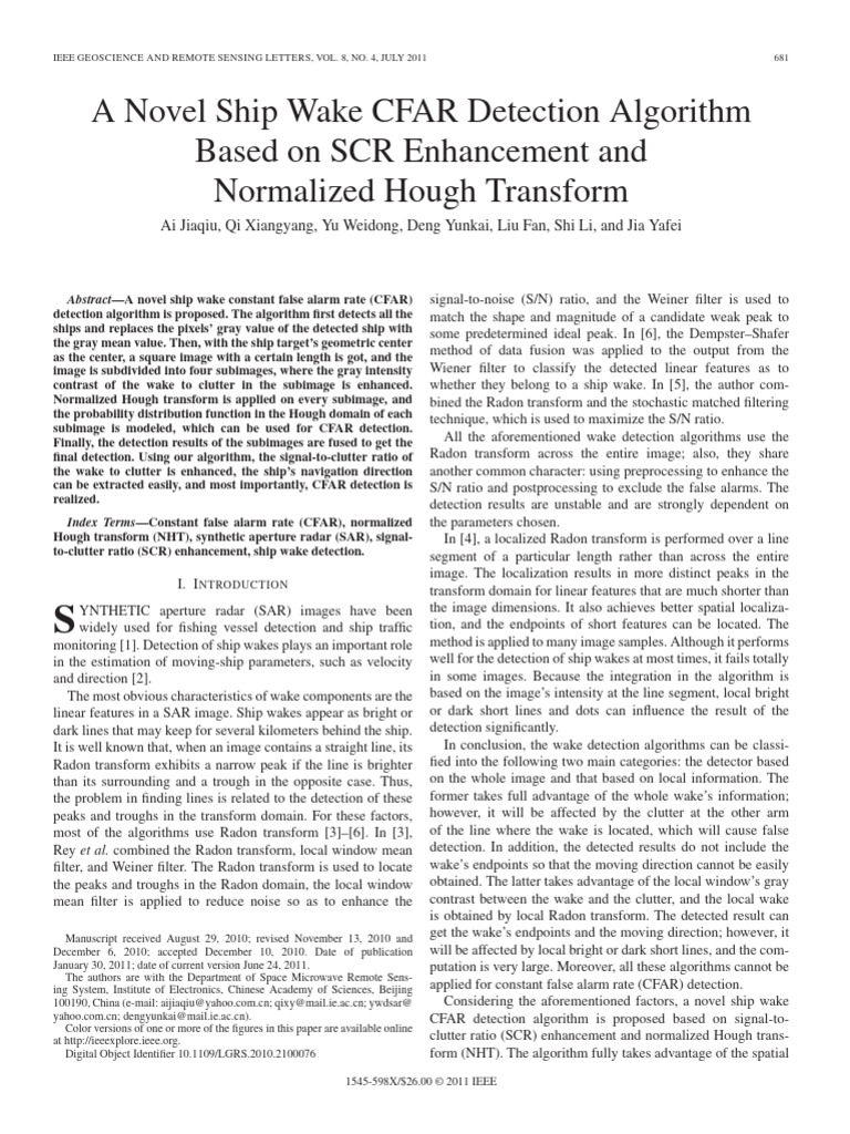 JIAQIU Novel Ship Wake CFAR Detection Algorithm | PDF