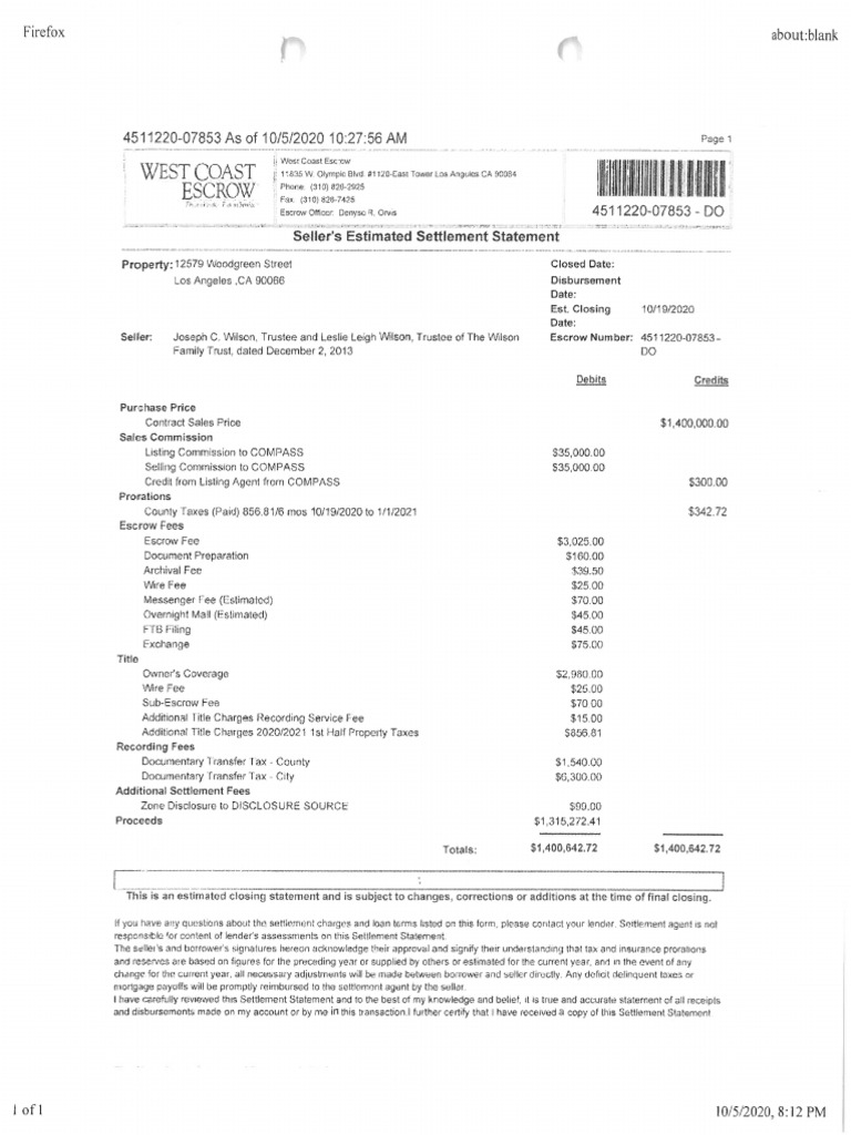 Escrow Statement For Wilson 1031 Exchange | PDF