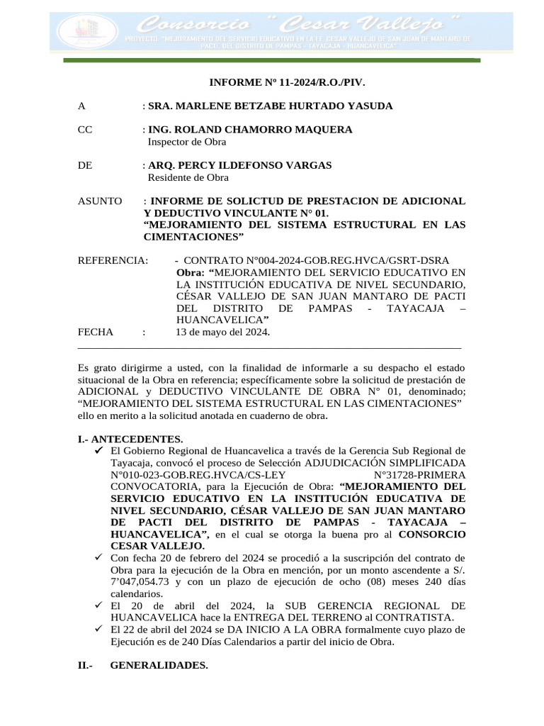 Informe Solicitud de Adicional de Obra #01 | PDF