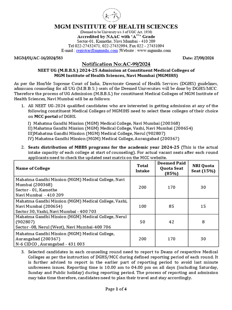 Notification No. 99 - 2024 - MBBS 2024-25 | PDF