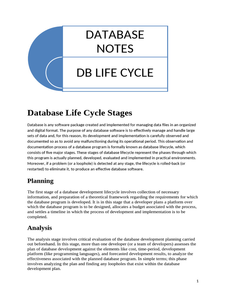 DATABASE NOTES Database Life Cycle Stages | PDF | Databases | Computers