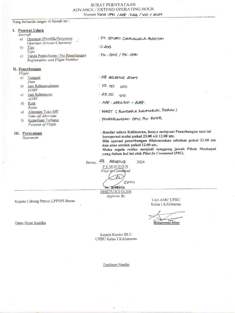 Surat Extend Smart Aviation PK-SNG PK-SNK 28 Agustus 2024 - Bej | PDF