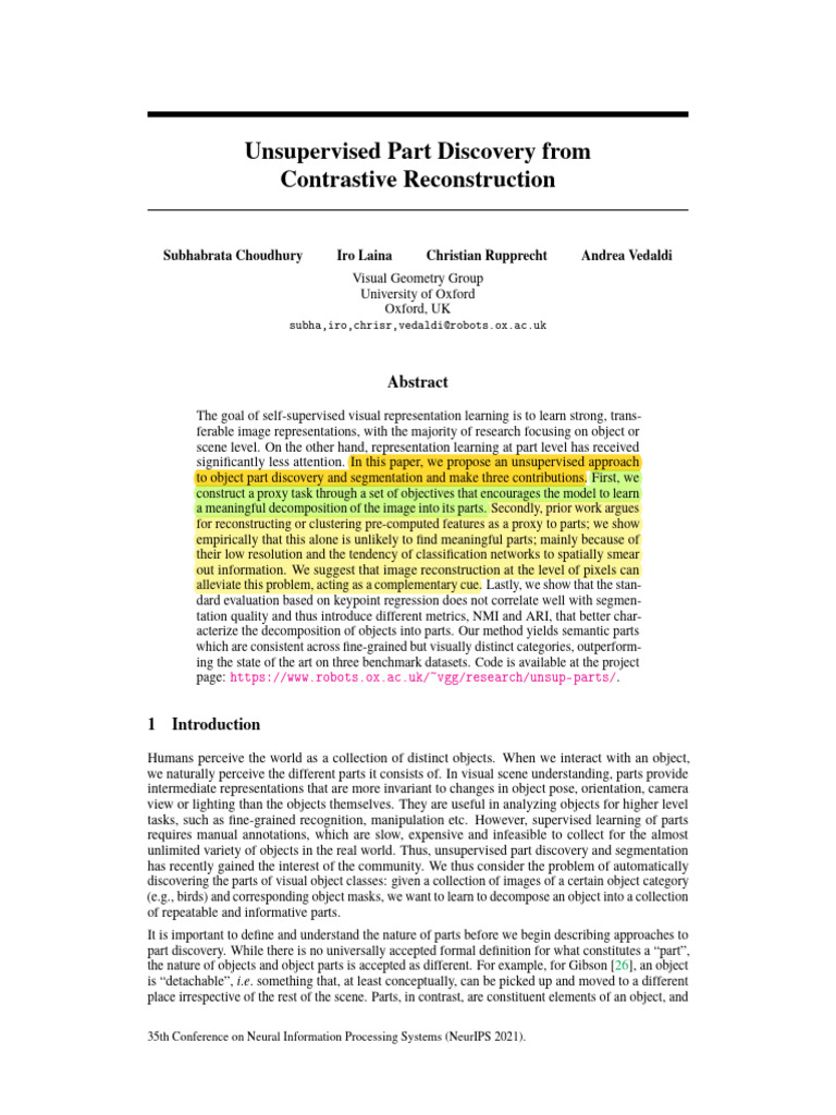 NeurIPS 2021 Unsupervised Part Discovery From Contrastive Reconstruction Paper | PDF | Image ...