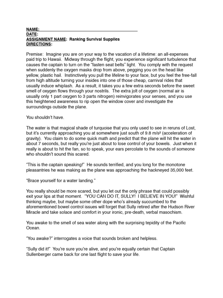 NAME: - Date: ASSIGNMENT NAME: Ranking Survival Supplies Directions | PDF