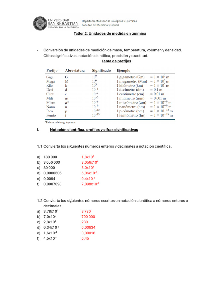 Taller 2 - Unidades de Medida en Quimica-Respuestas | PDF