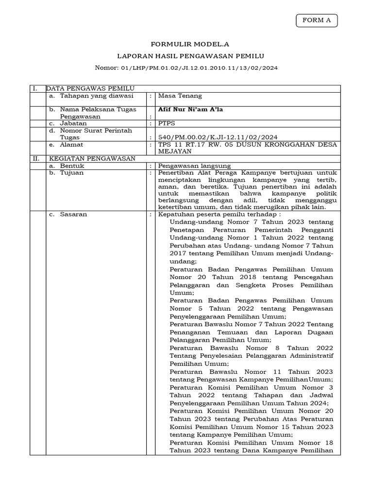 Form A Masa Tenang TPS 11 Desa Mejayan | PDF