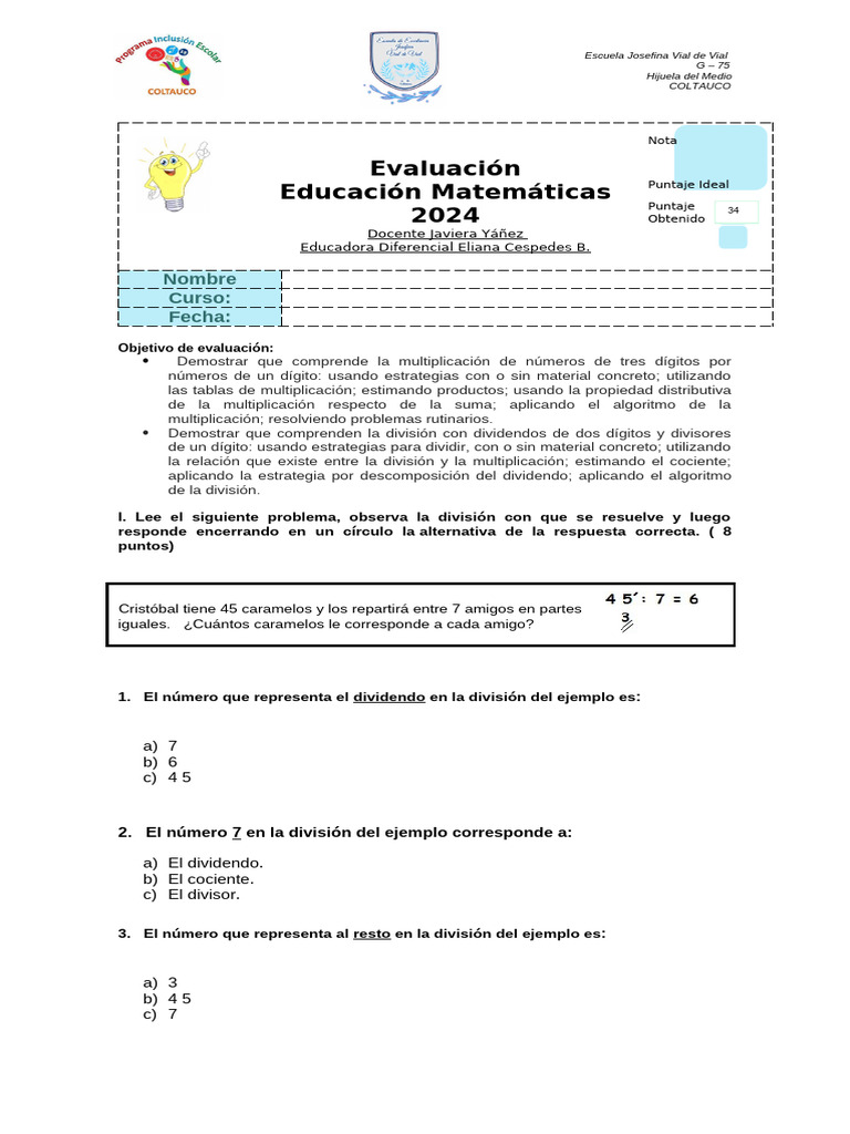Evaluacion Unidad 1 Cuarto Basico | PDF