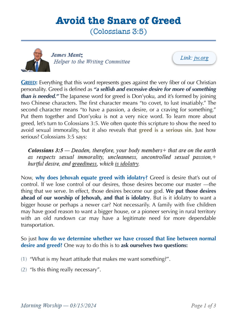 Avoid The Snare of Greed (Col 3.5) James Mantz | PDF