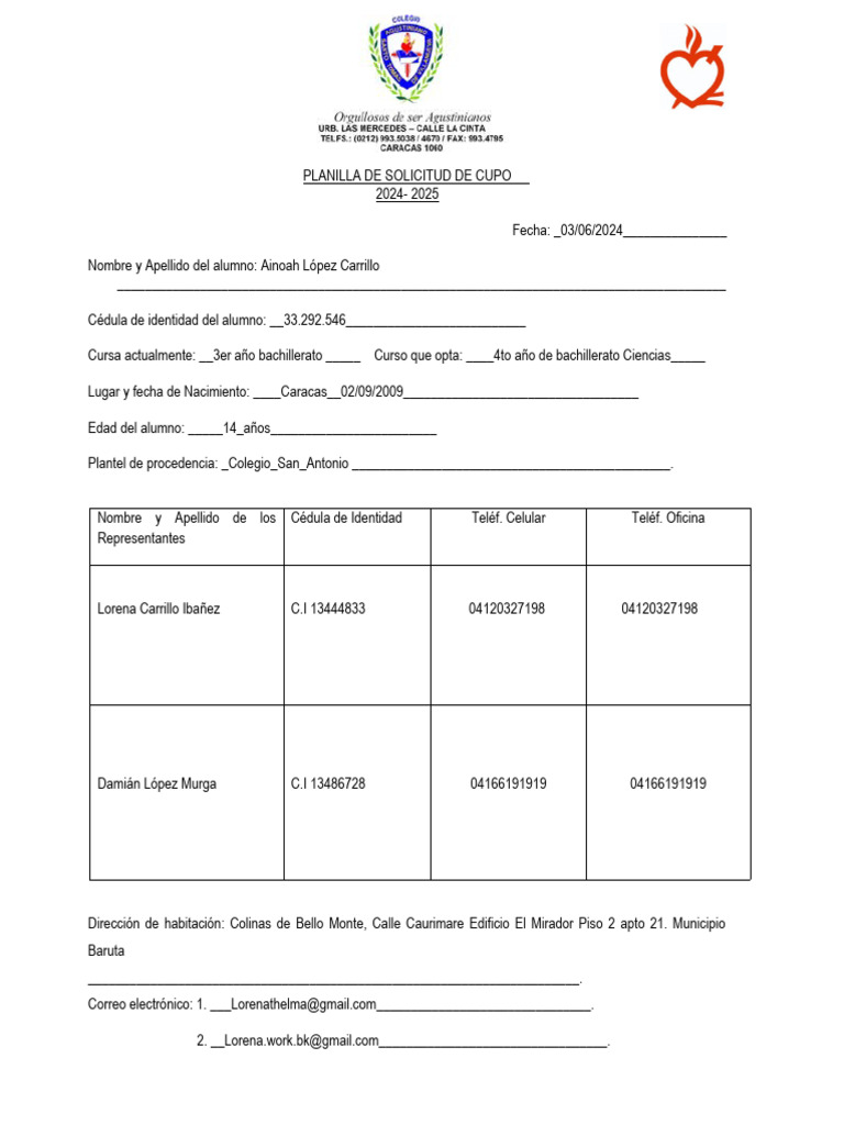 Planilla de solicitud de cupo 2024-2025 | PDF