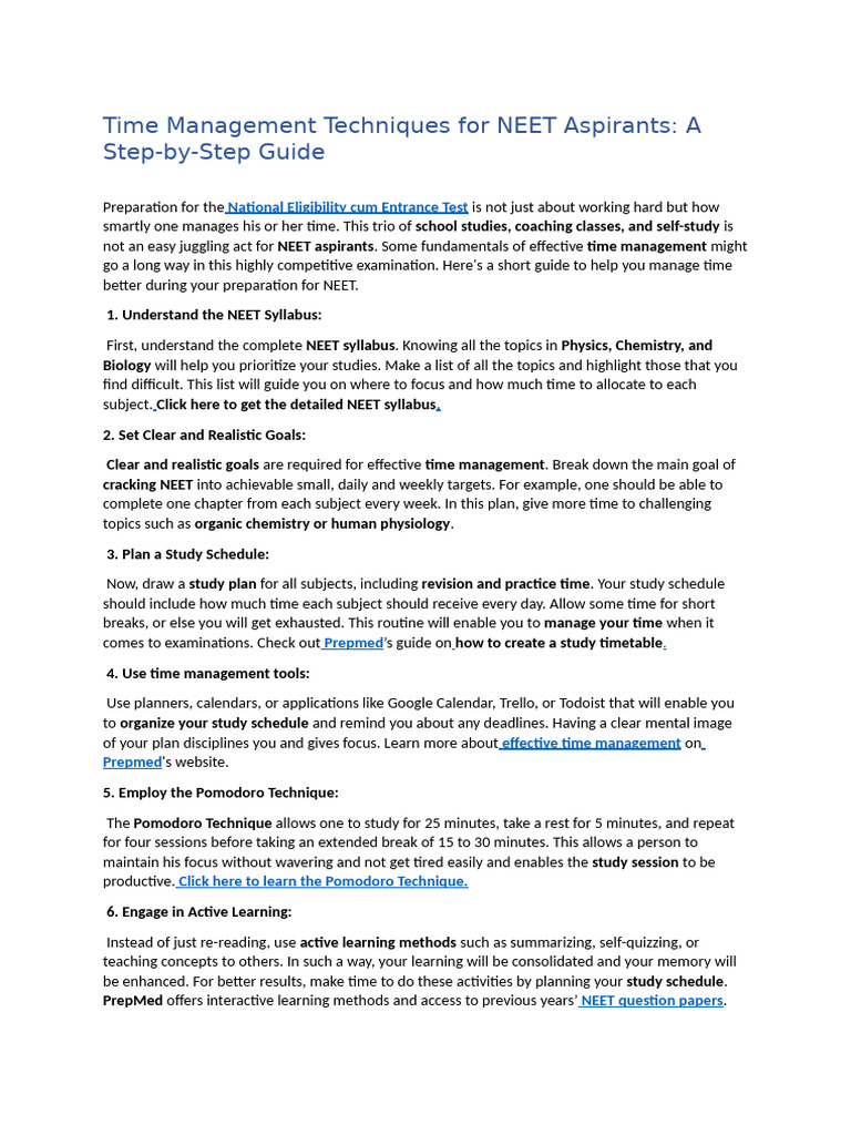 Time Management Techniques for NEET Aspirants a Step-By-Step Guide | PDF