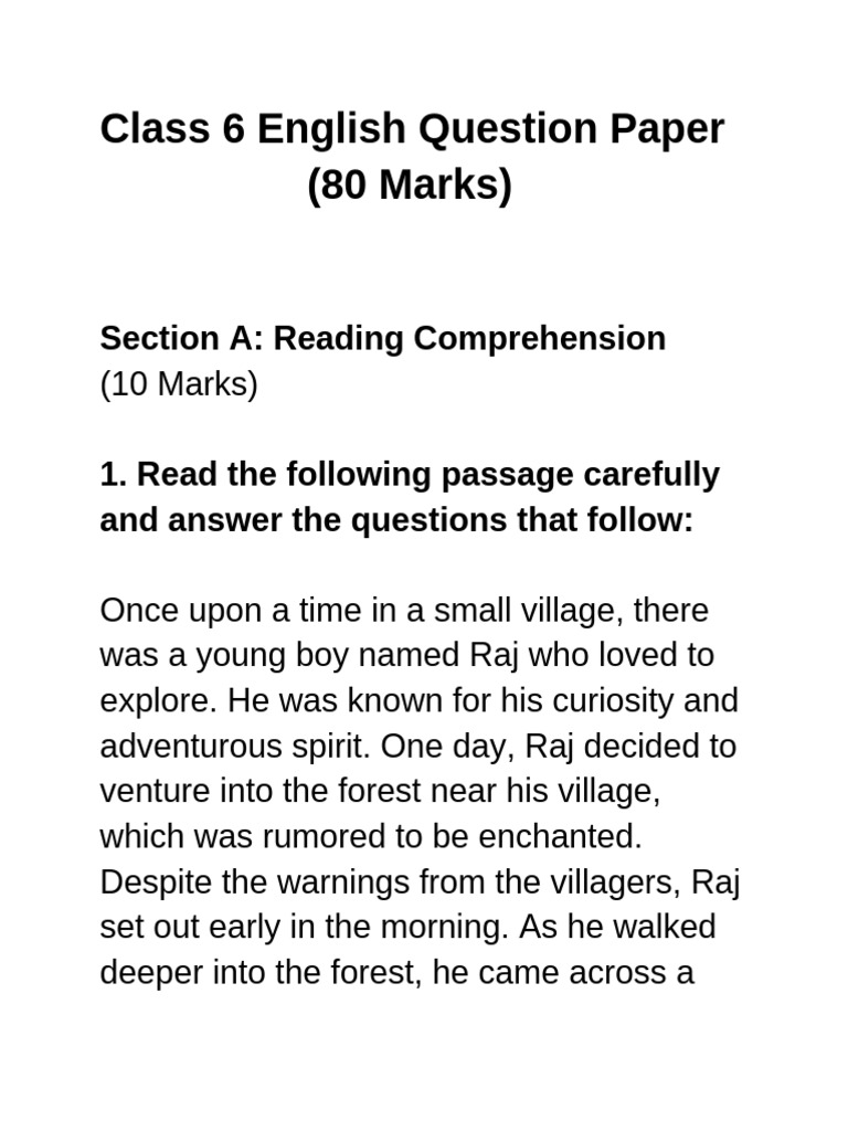 Class 6 English Question Paper-1 | PDF