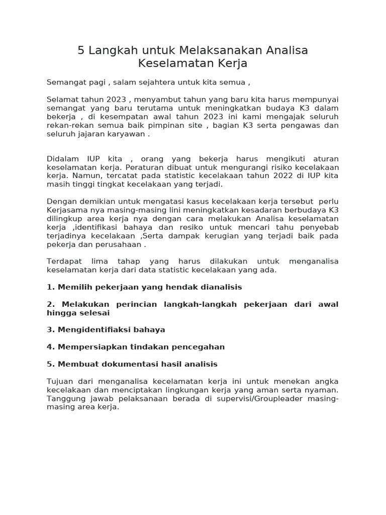 5 Langkah Analisa Keselamatan Kerja Materi Safety Talk 2024 | PDF ...