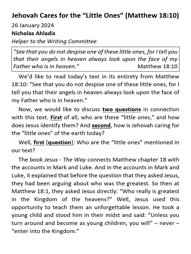 2024 Jan MW Jehovah Cares For The Little Ones, Nicholas Ahladis | PDF