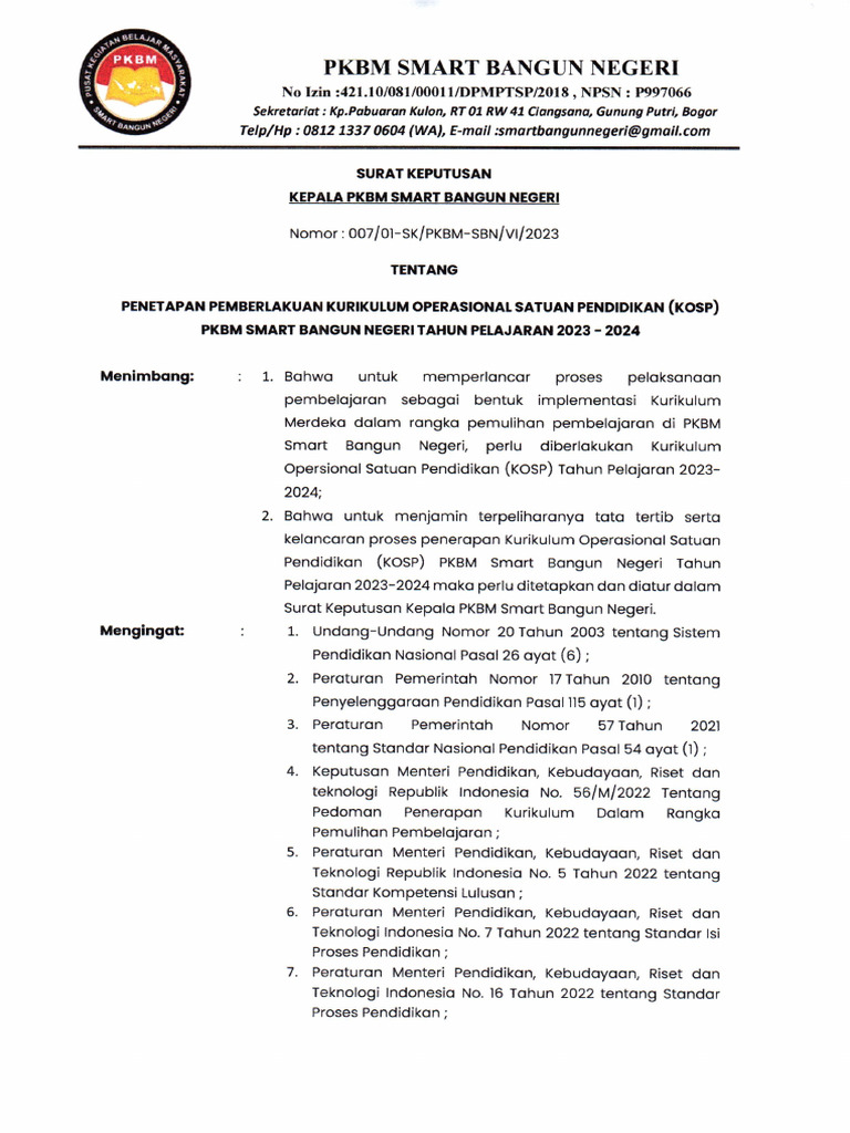 SK Pemberlakuan KOSP 2023 | PDF