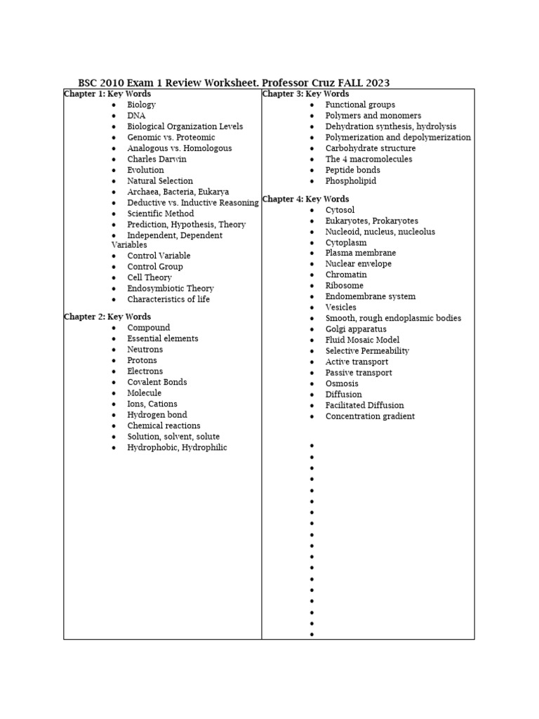 BSC 2010 Exam 1 Review Worksheet | PDF