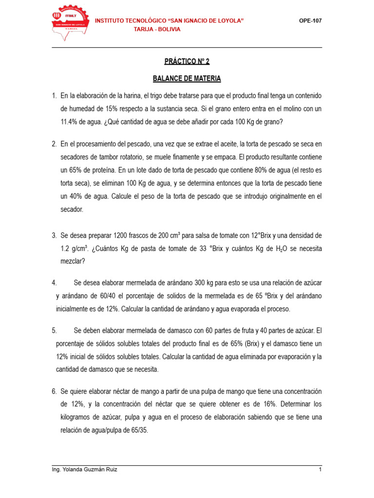 Pr-Ctico 2 Balance de Materia | PDF