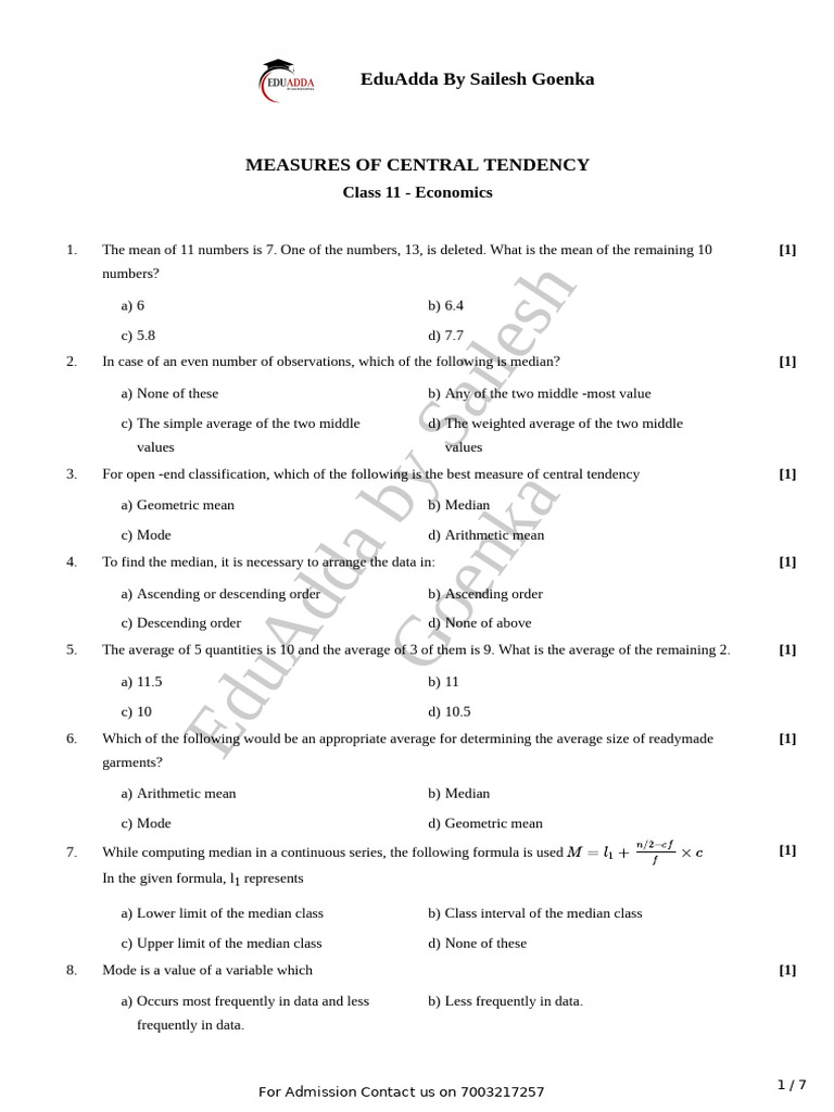 Measures of Central Tendency Questions | PDF