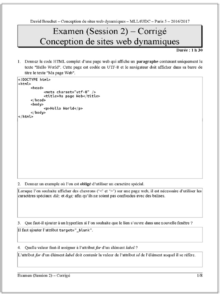 Examen (Session 2) Corrigé Conception de Sites Web Dynamiques - PDF | PDF
