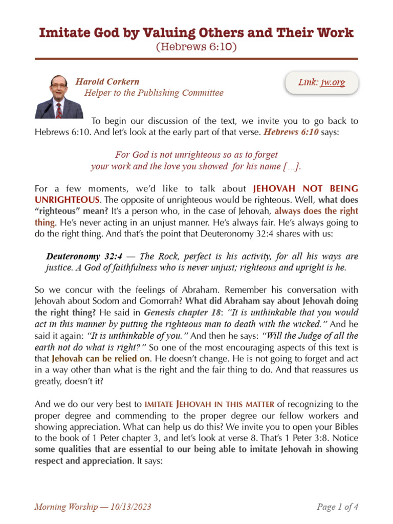 Imitate God by Valuing Others and Their Work, Harold Corkern, Hebrews 6 ...