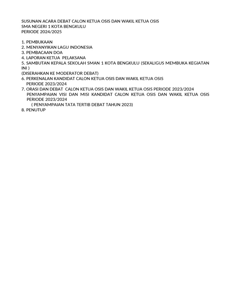 Susunan Acara Debat Calon Ketua Osis Dan Wakil Ket | PDF