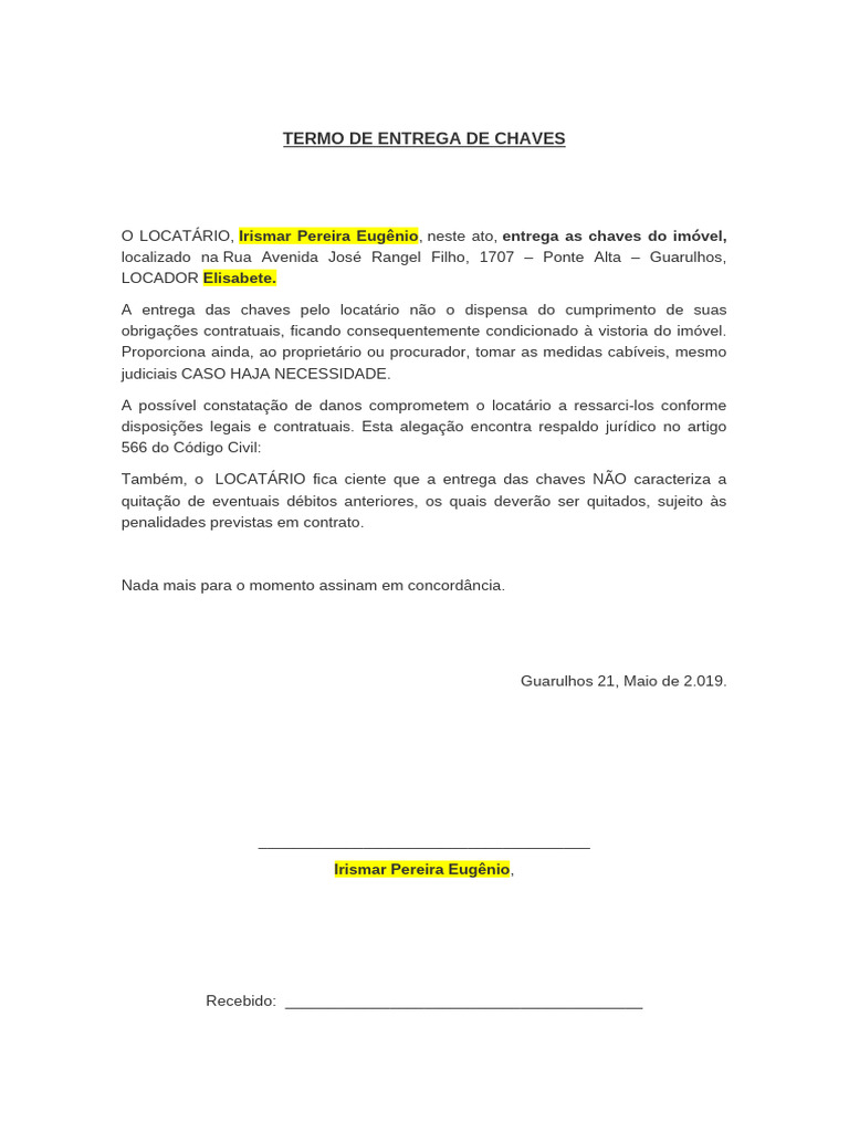 Termo de Entrega de Chaves | PDF
