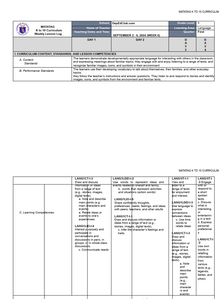 DLL Matatag Language 1 q1 w6 | PDF