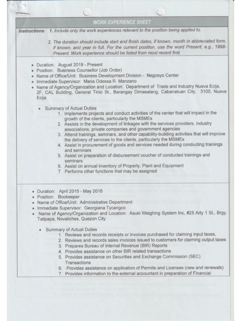 L. Flores Working Experience Sheet Compressed 2 | PDF