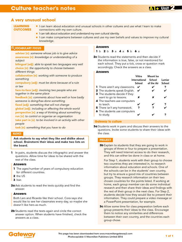 A1+ UNIT 2 Culture teacher's notes | PDF