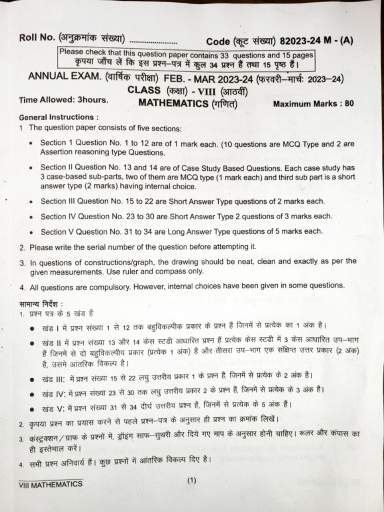 DAV Class 8 Maths Annual Exam 2024 Question Paper | PDF