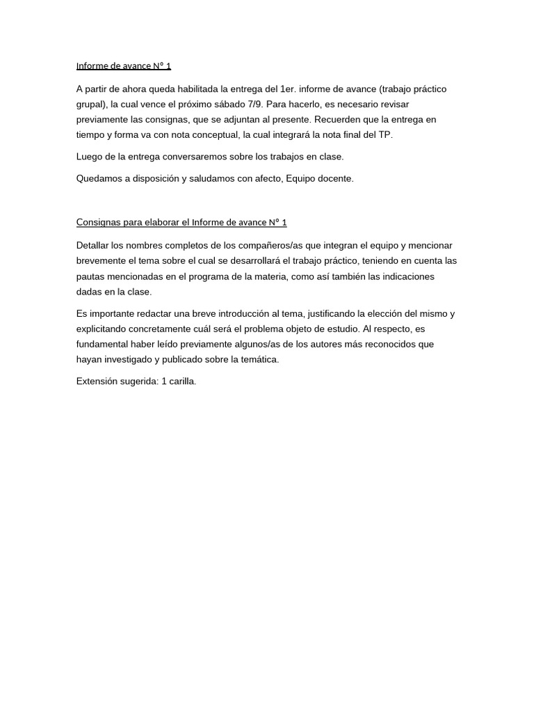Consignas Informe de Avance Nº 1 | PDF