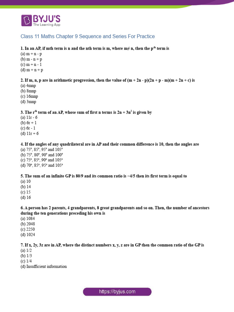 Class 11 Maths Chapter 9 Sequence and Series MCQs.docx | PDF