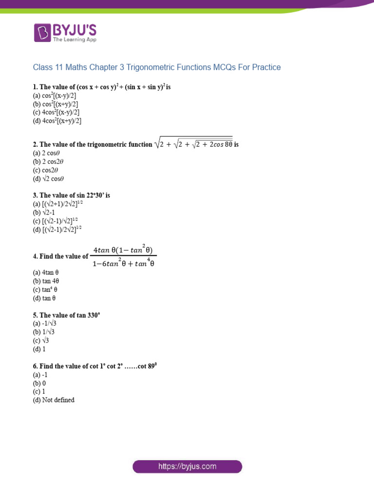 Class 11 Maths Chapter 3 Trigonometric Functions MCQs .Docx 1 | PDF