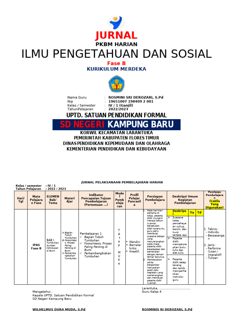Jurnal Harian Kurikulum Merdeka Mapel Ipas Kelas 4 | PDF