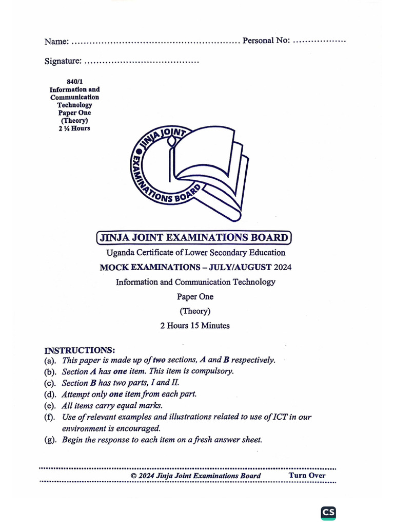 Jjeb Joint Examination Board Uce Ict p1 Past Paper 2024 PDF | PDF