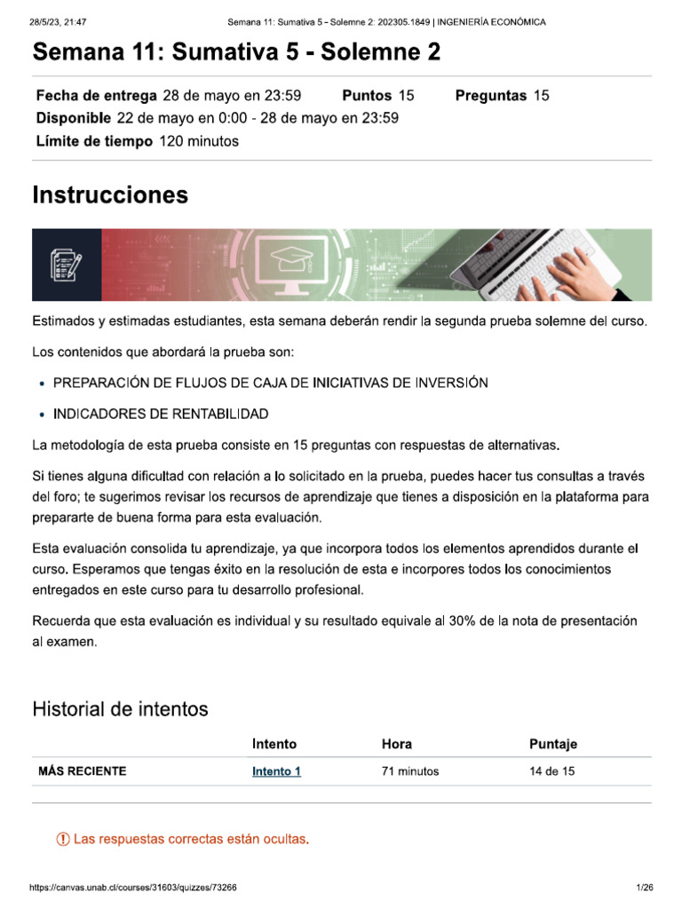 Semana 11 - Sumativa 5 - Solemne 2 - 202305.1849 - INGENIERÍA ECONÓMICA44 | PDF