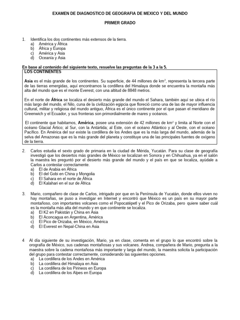 EXAMEN DE DIAGNOSTICO DE GEOGRAFIA DE MEXICO Y DEL MUNDO PRIMER GRADO ...