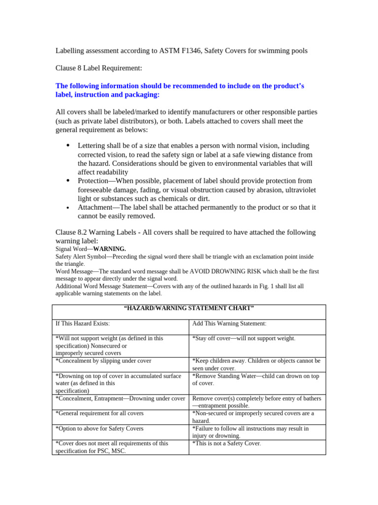 Labelling Assessment According To ASTM F3146 Pool Cover | PDF