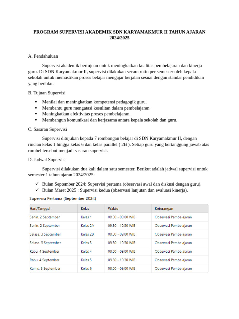 Program Supervisi Akademik SDN Karyamakmur Ii Tahun Ajaran 2024 | PDF