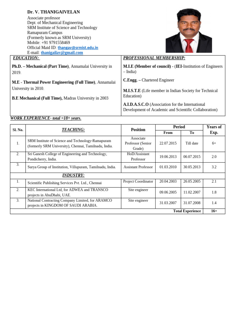 Dr. V. Thanigaivelan Resume One Page Updated Sep21 | PDF