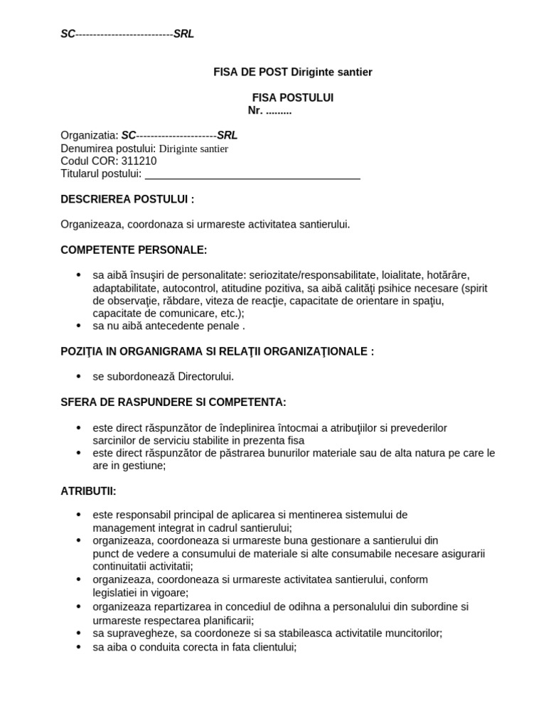 Fisa Post Diriginte Santier | PDF
