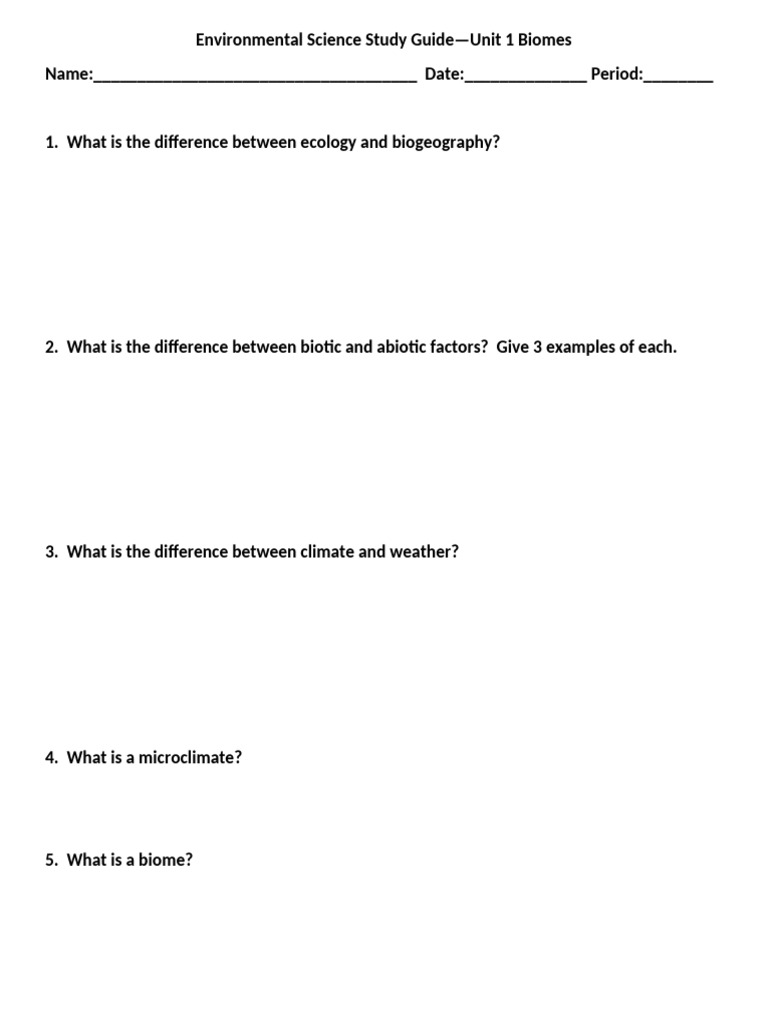 Environmental Science Study Guide Unit 1 Biomes | PDF