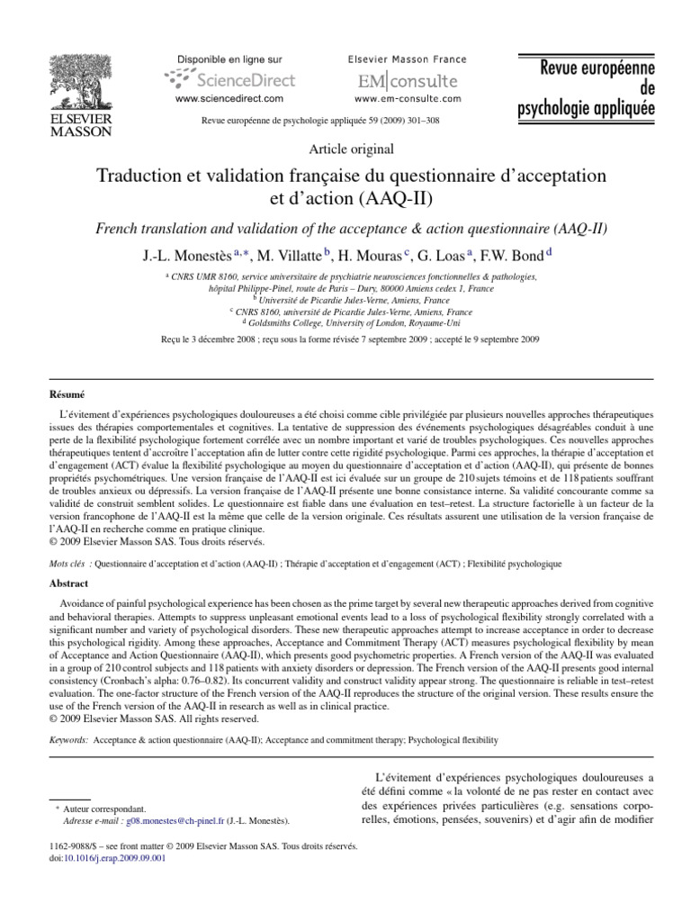 Questionnaire Fuite Situation Douloureuse AAQ-II | PDF