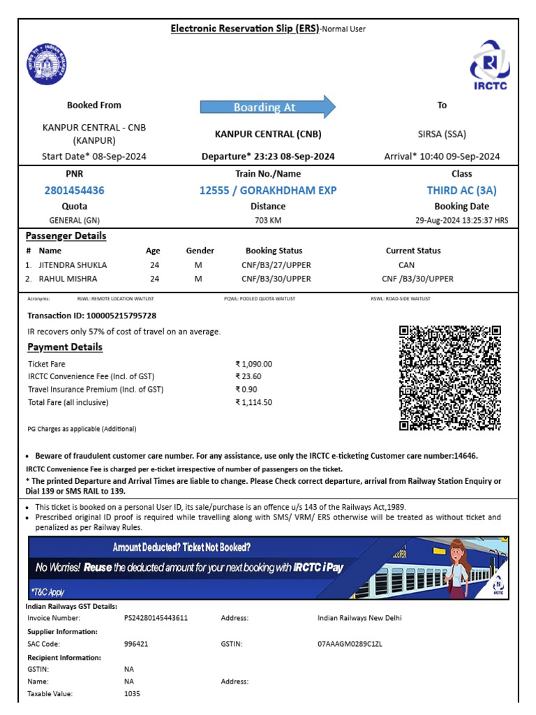 Gorakhdham Exp Third Ac (3A) : Electronic Reserva On Slip (ERS) | PDF