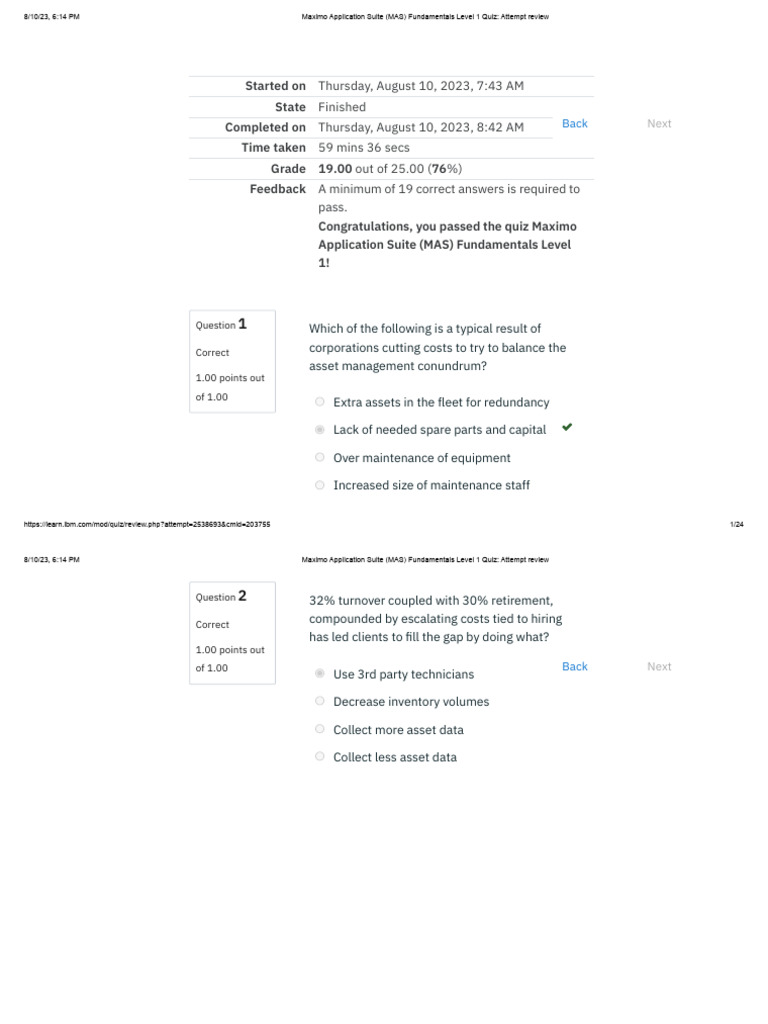 Maximo Application Suite Mas Fundamentals Level 1 Quiz Attempt Review Solutions Pdf Pdf